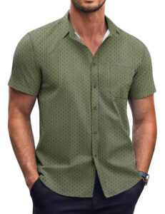 coofandy mens polka dot printed shirt short sleeve buton down casual summer party dress shirt army green