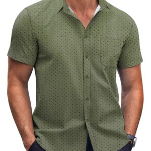 COOFANDY Mens Polka Dot Printed Shirt Short Sleeve Buton Down Casual Summer Party Dress Shirt Army Green