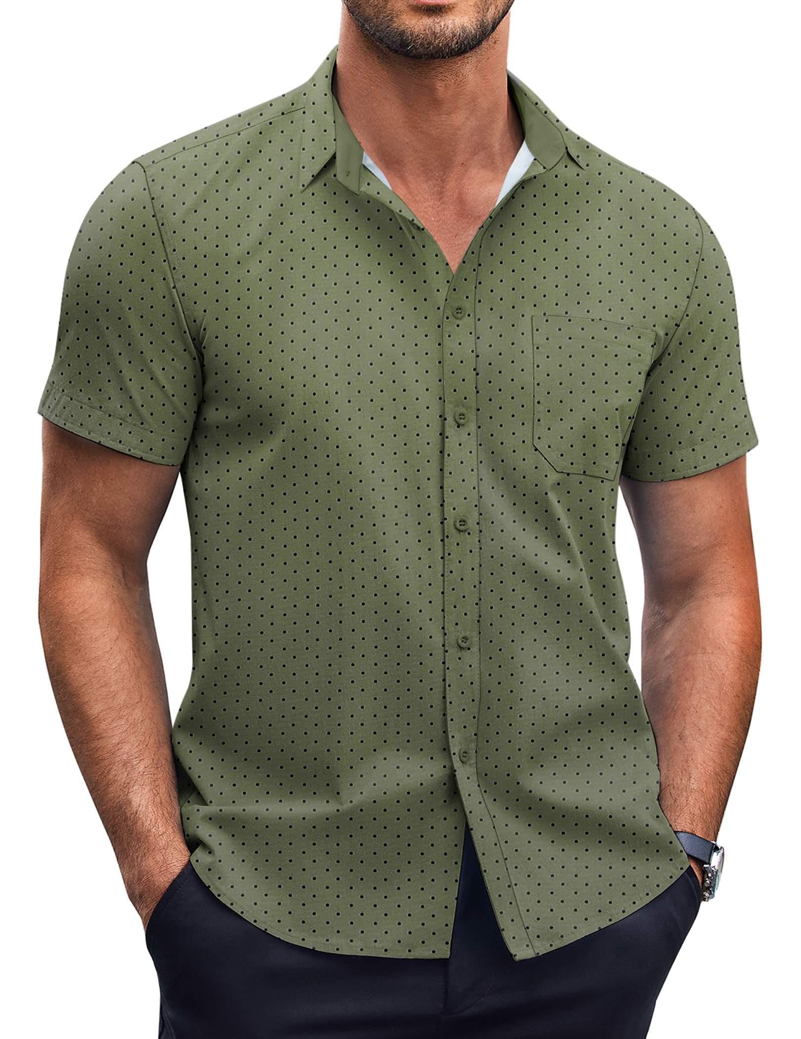 COOFANDY Mens Polka Dot Printed Shirt Short Sleeve Buton Down Casual Summer Party Dress Shirt Army Green