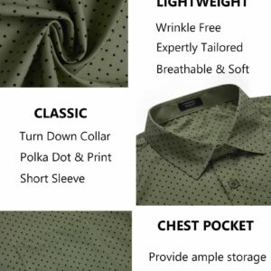 COOFANDY Mens Polka Dot Printed Shirt Short Sleeve Buton Down Casual Summer Party Dress Shirt Army Green