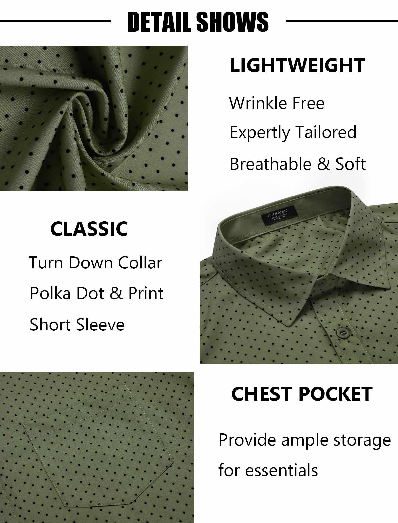 COOFANDY Mens Polka Dot Printed Shirt Short Sleeve Buton Down Casual Summer Party Dress Shirt Army Green