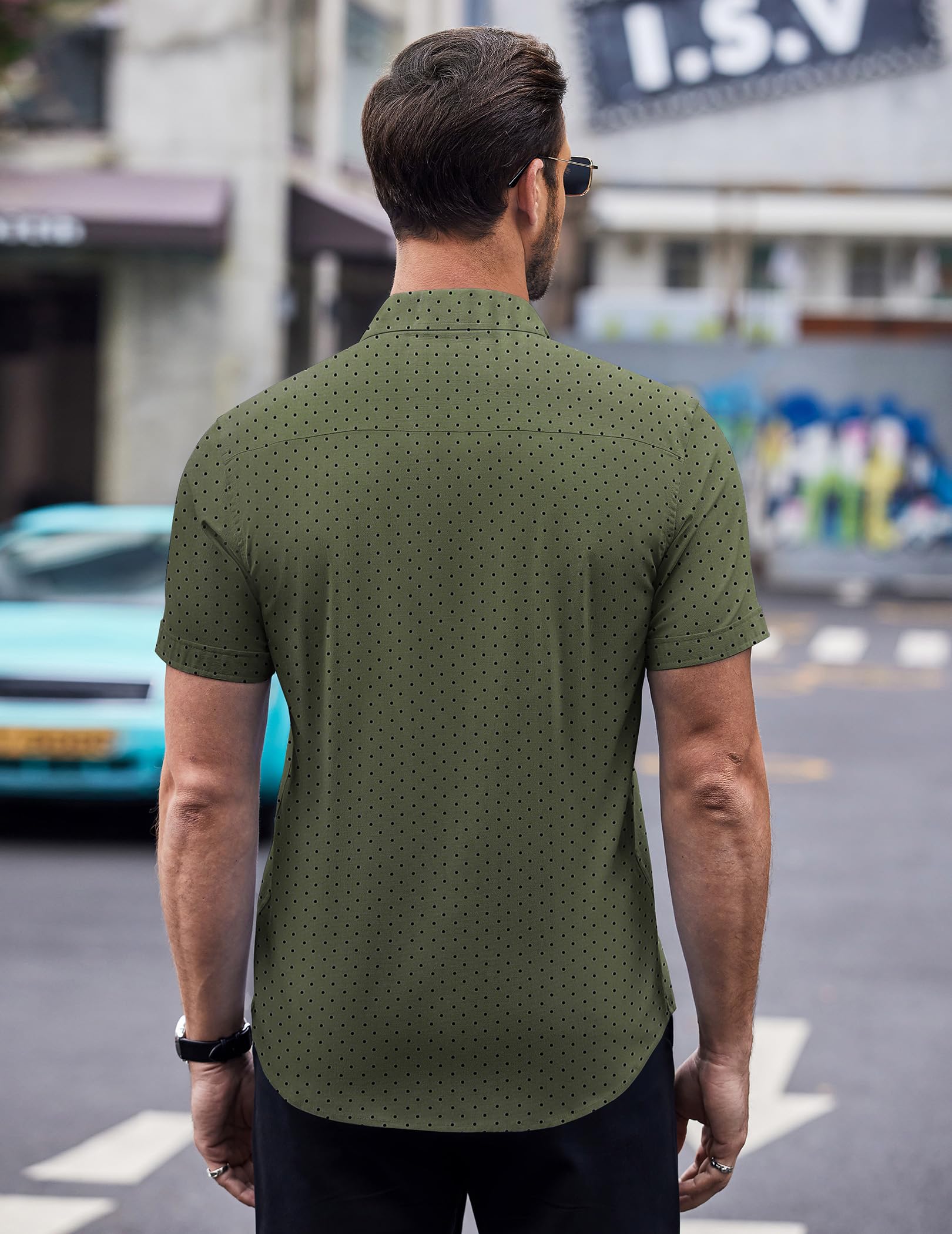 COOFANDY Mens Polka Dot Printed Shirt Short Sleeve Buton Down Casual Summer Party Dress Shirt Army Green