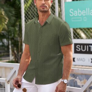 COOFANDY Mens Polka Dot Printed Shirt Short Sleeve Buton Down Casual Summer Party Dress Shirt Army Green