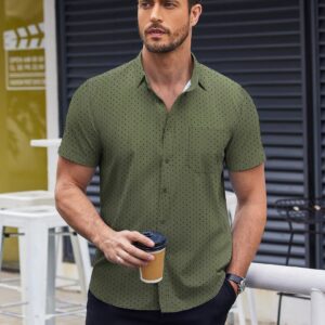 COOFANDY Mens Polka Dot Printed Shirt Short Sleeve Buton Down Casual Summer Party Dress Shirt Army Green