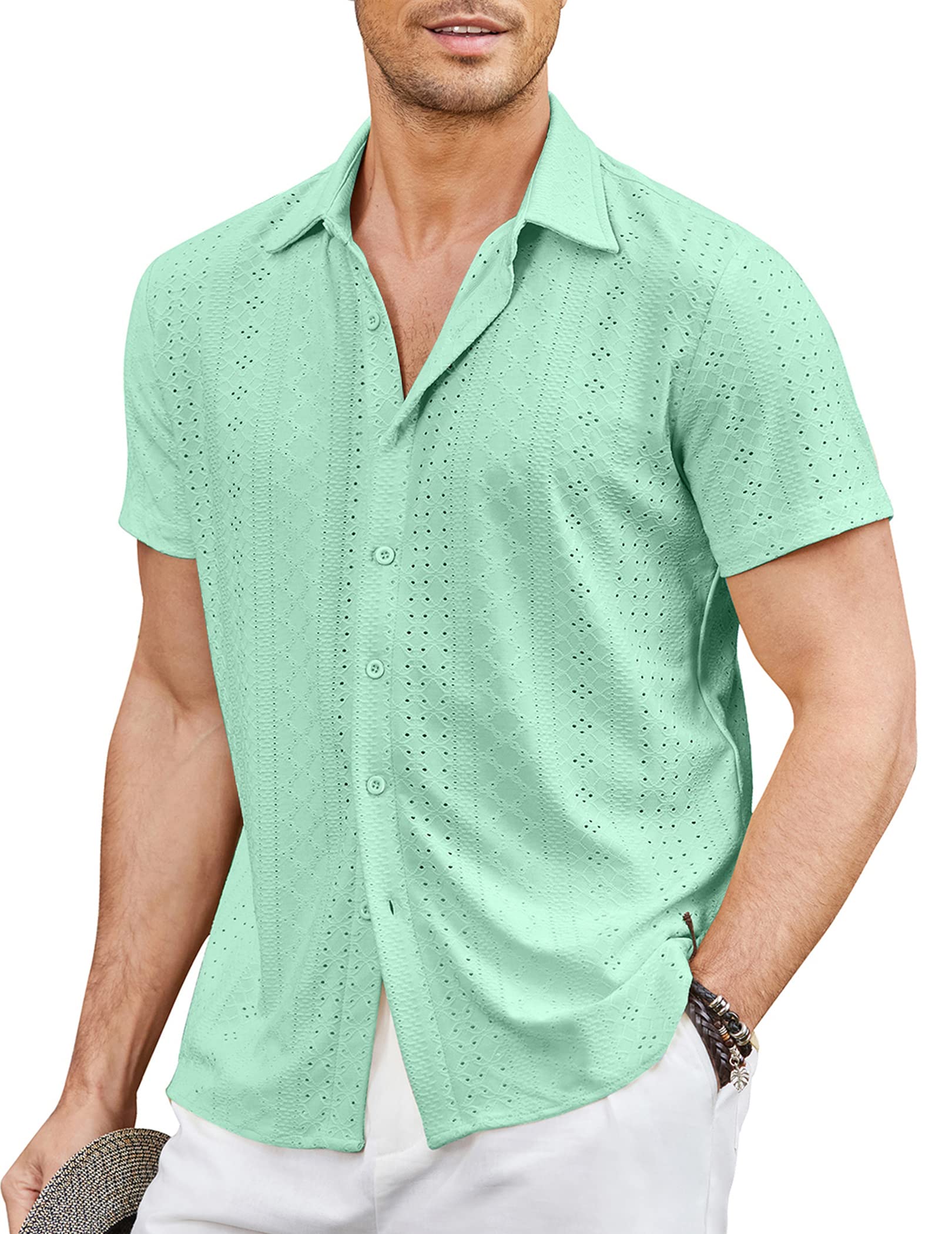 COOFANDY Mens Button Down Beach Shirt Short Sleeve Casual Vacation Shirts Summer Tropical Shirts Tops Mint Green