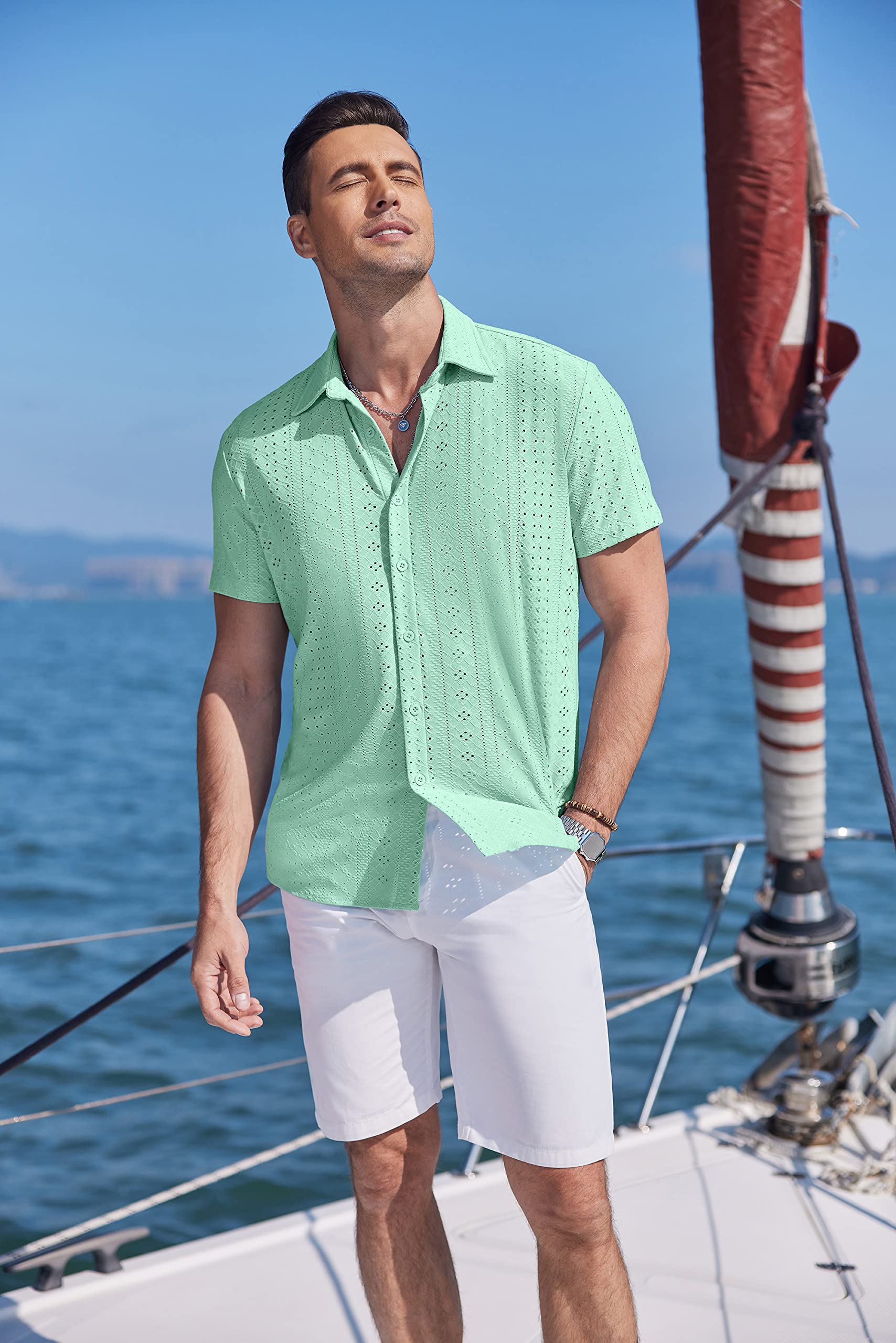 COOFANDY Mens Button Down Beach Shirt Short Sleeve Casual Vacation Shirts Summer Tropical Shirts Tops Mint Green