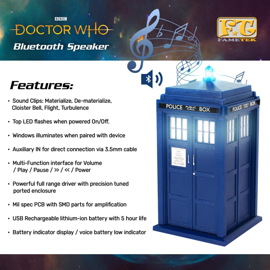 FAMETEK Doctor Who Tardis Wireless Bluetooth Speaker Plays Music, Lights Up, Accurate Sounds Effects |Gifts for Men or Women - Best Gifts Birthday Collectibles for Doctor Who