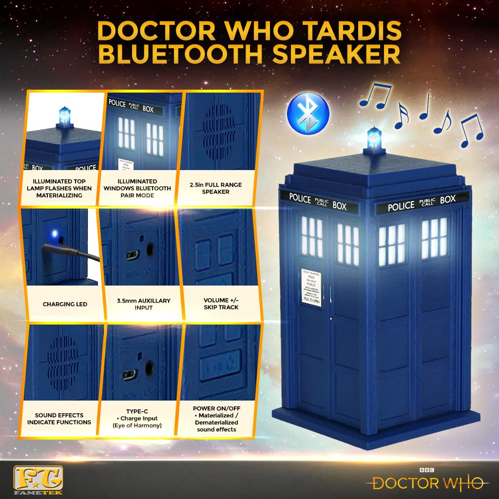 FAMETEK Doctor Who Tardis Wireless Bluetooth Speaker Plays Music, Lights Up, Accurate Sounds Effects |Gifts for Men or Women - Best Gifts Birthday Collectibles for Doctor Who