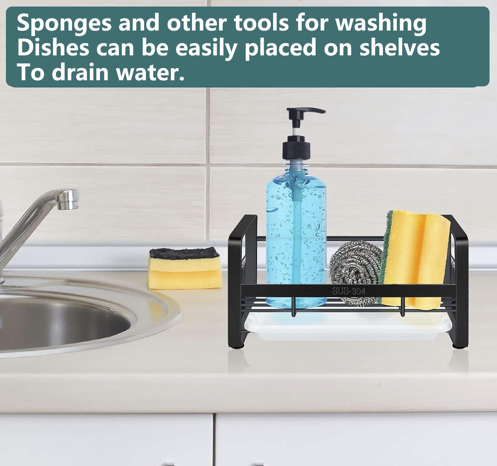 TWORIDER Kitchen Sink Caddy Sponge Holder,304 Stainless Steel Sink Caddy Sponge Holder Kitchen Sink Organizer,Sponge Holder For Kitchen Sink with Removable Drain Tray,Not Including Dispenser and Brush