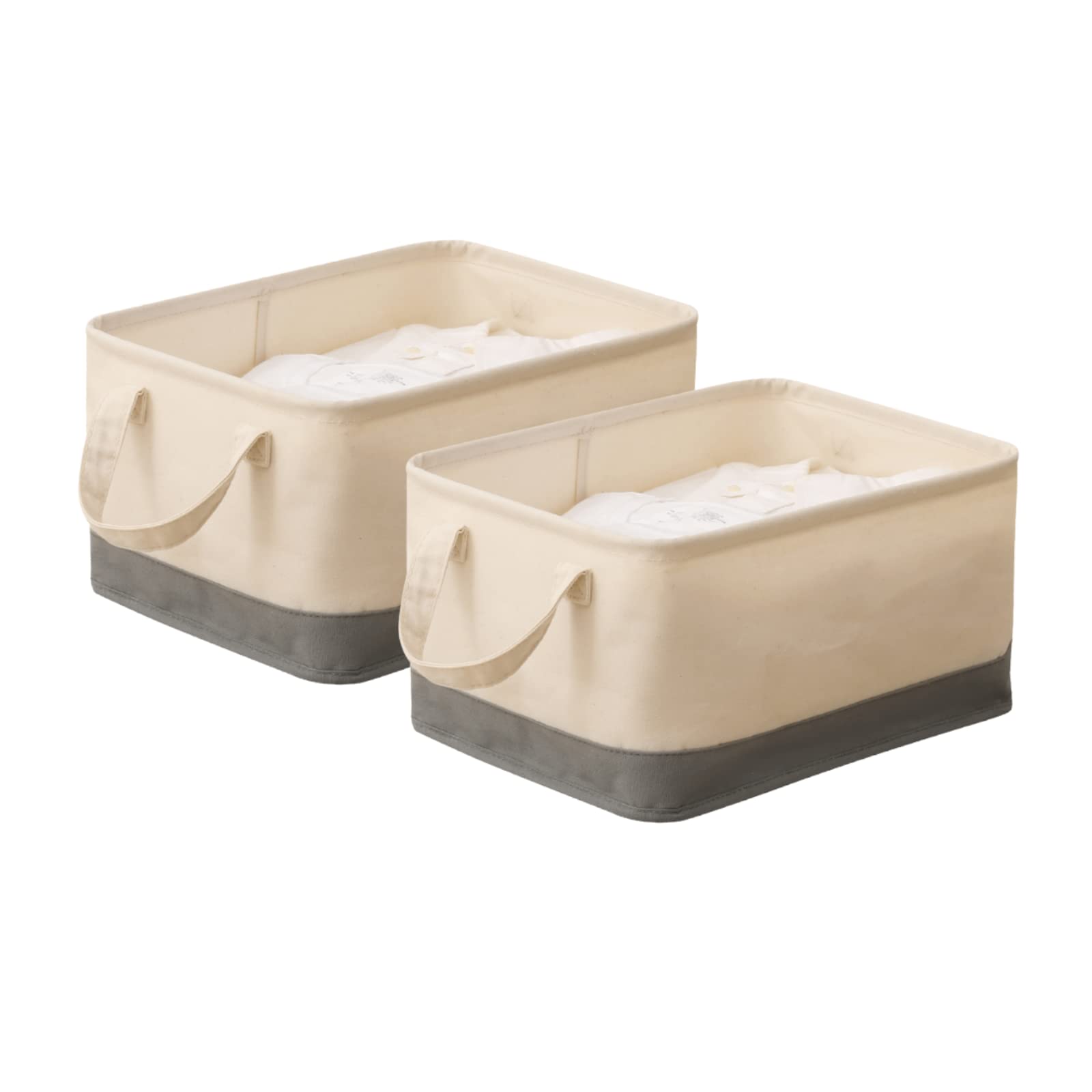 CANFOD Storage Baskets for Shelves 2 Pack, Fabric Storage Baskets with Handles, Foldable Storage Bins for Clothes, Laundry, Comforter (Beige&grey 2xM for 8 T-shirts storage)