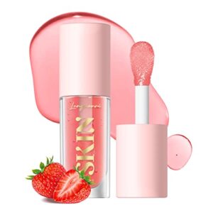 bangfeng big brush head lip glow oil plumping tint, tinted lip balm transparent lip care, moisturizing non-sticky fresh shiny texture lip oil - strawberry (pink)