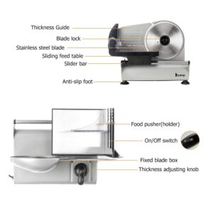 Winado Meat Slicer, 7.5 inch Electric Food Slicer, 150W Frozen Meat Deli Slicer, Premium Stainless Steel Blade & 0-15mm Thickness Adjustable Semi-Auto Meat Slicer For Commercial and Home, Silver