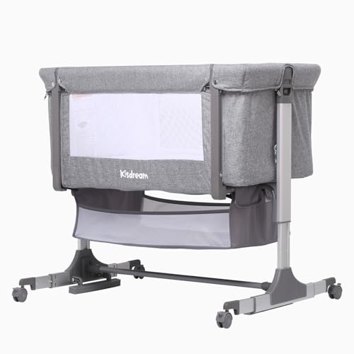 Kisdream Baby Bassinet Bedside Co-Sleeper Bed: Portable Cosleeper Crib Safe Cradle Bassinette Next to Tall Parent Bed Side Attached Cosleeping for Newborn & Infant with Adjustable Height