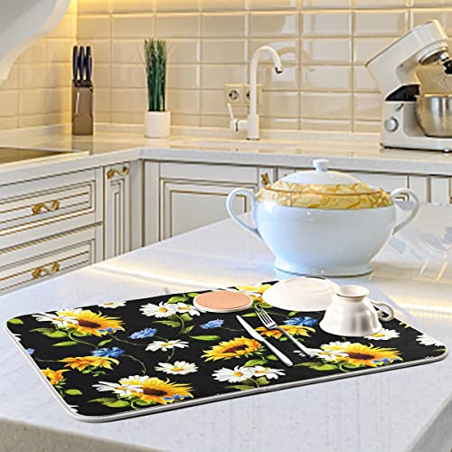 Sunflowers Chamomile Cornflowers Black Dryer Kitchen Dish Drying Mat 18 x 24 18 x 24 Dish Drainer Tray Kitchen Accessories for Countertop Dish Mat