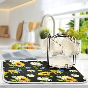 Sunflowers Chamomile Cornflowers Black Dryer Kitchen Dish Drying Mat 18 x 24 18 x 24 Dish Drainer Tray Kitchen Accessories for Countertop Dish Mat