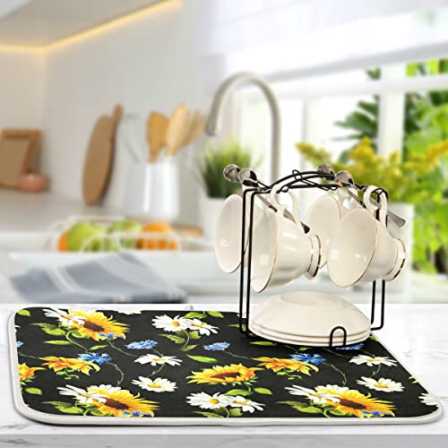 Sunflowers Chamomile Cornflowers Black Dryer Kitchen Dish Drying Mat 18 x 24 18 x 24 Dish Drainer Tray Kitchen Accessories for Countertop Dish Mat