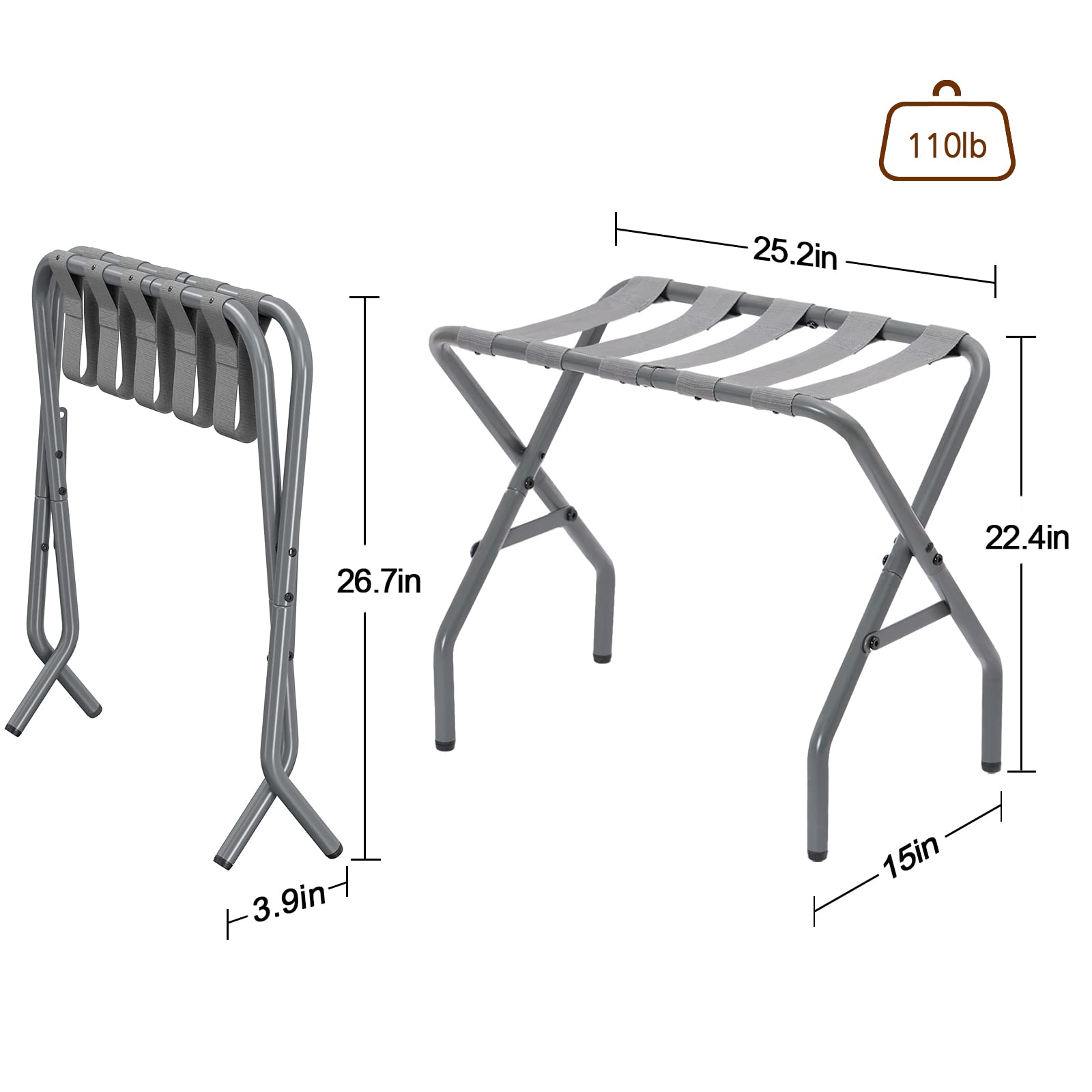 AMHANCIBLE Luggage Rack, Foldable Suitcase Stands Set of 2, Metal Luggage Holder for Guest Room, Bedroom, Hotel, Holds up to 110 lb, Easy Assemble, Grey,HLR01GY