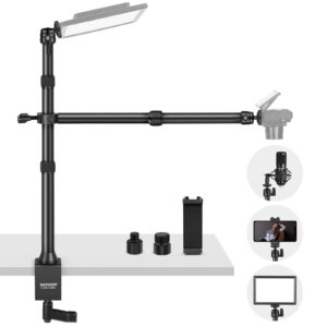 neewer tabletop overhead camera mount stand with 2 section telescopic extension arm, phone holder, ball heads, screw adapters, desk light stand for camera, phone, webcam, ring light, tl253a+ds001