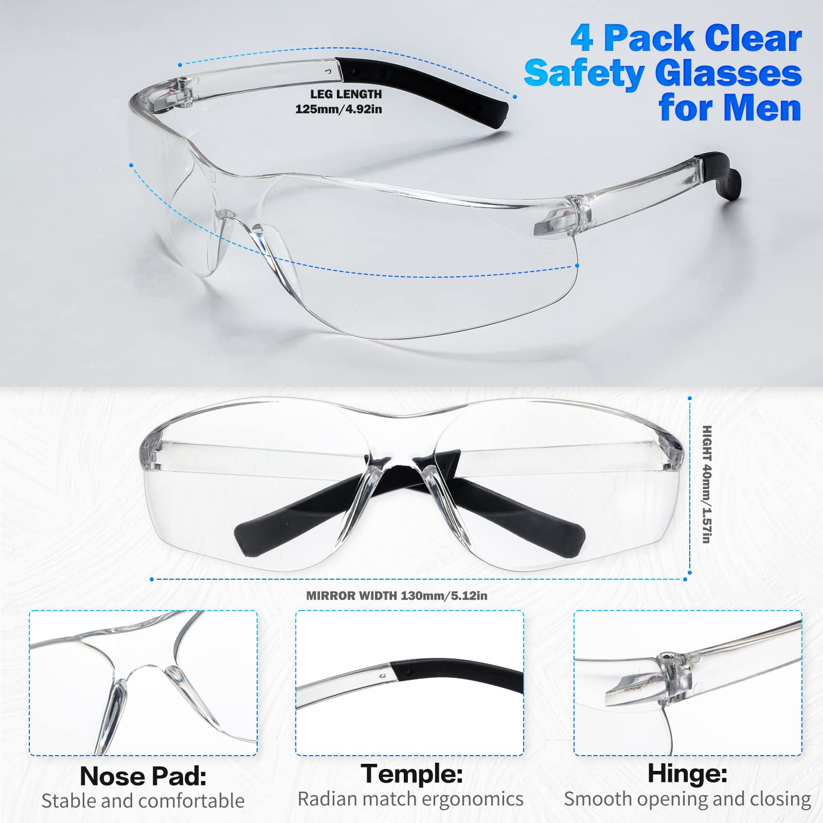 WFEANG Clear Safety Glasses Bulk of 4, Protective Eyewear for Men Women, ANSI Z87.1 Eye Protection Goggles with Clear Protective Lens for Work, Shooting, Lab,Cycling(Clear-4pack)