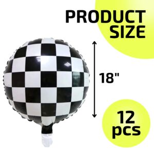 12PCS Checkered Racing Balloons 18 Inch Checkerboard Balloon Foil Balloon Aluminum Black White Balloon for Racing Themed Party Decoration 18 Inch Mylar Balloons Race Car Birthday Party Supplies