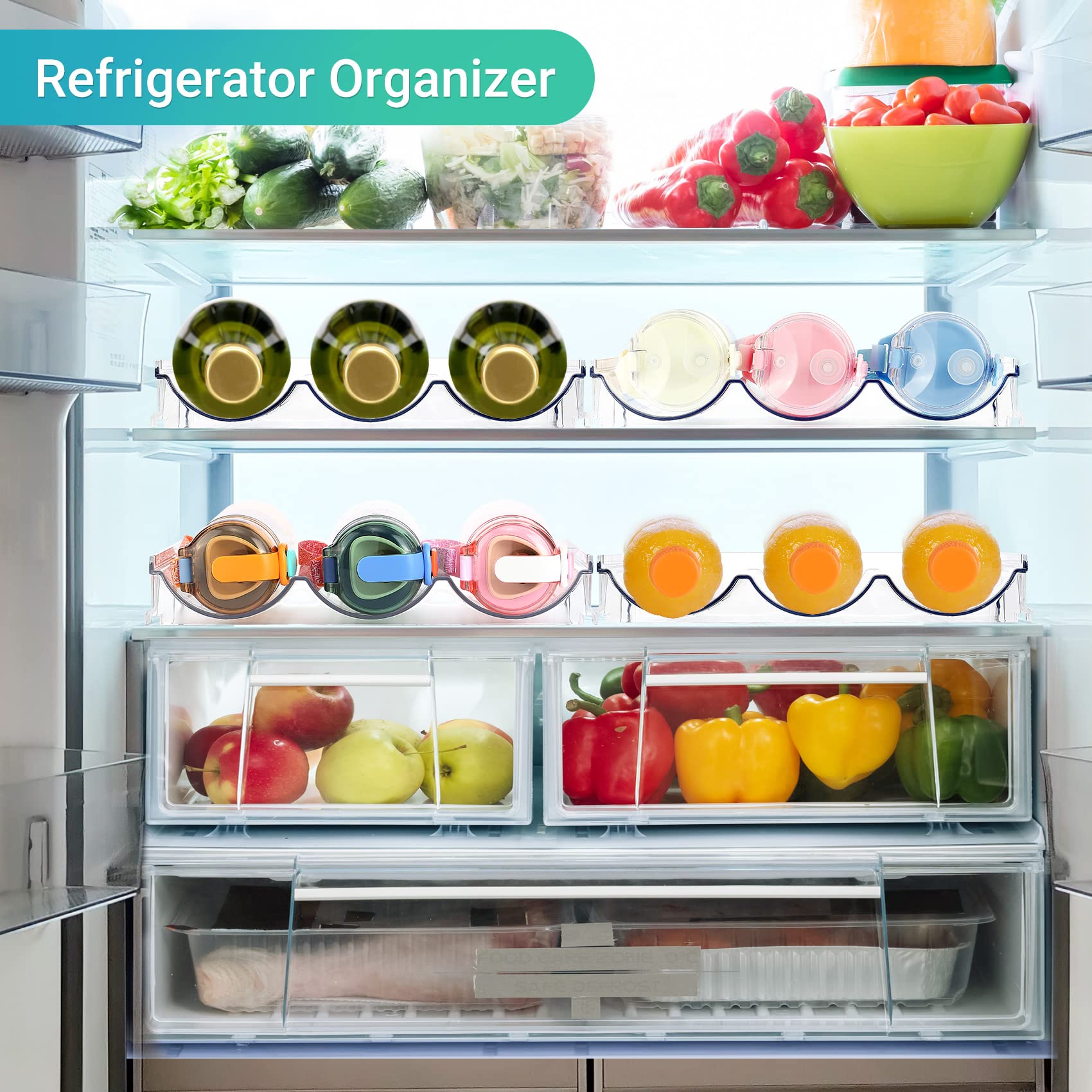 Stackable Water Bottle Organizer for Cabinet, Pantry, Freezer - Plastic Water Bottle Holder and Wine Rack Storage Organizer for Kitchen Countertops, Fridge - Holds 3 Bottles Each