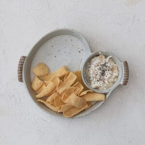 Creative Co-Op Farmhouse Stoneware Chip and Dip with Handles, Ivory Chip & Dip Bowl