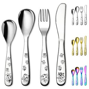 berglander toddler utensils 4 pieces stainless steel kids silverware set, children safe forks and spoons flatware, mirror polished smooth round edage cutlery sets, dishwasher safe