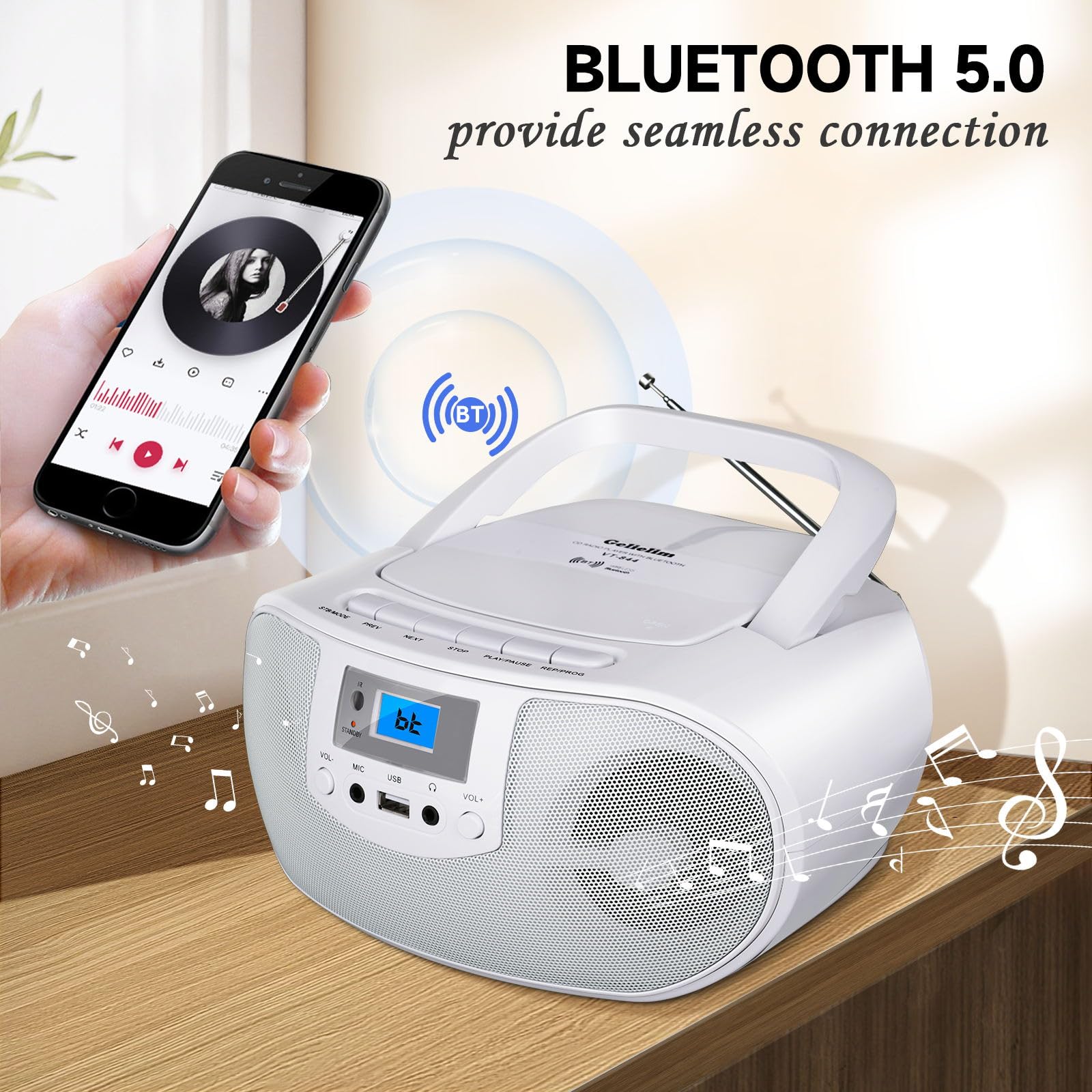 Gelielim CD Player Boombox, FM Radio with Bluetooth, Remote Control, Portable CD Player with Speakers, CD Players for Home with Headphone, Mic Jack Support CD-R/RW/MP3, USB, Gifts for Grandparent