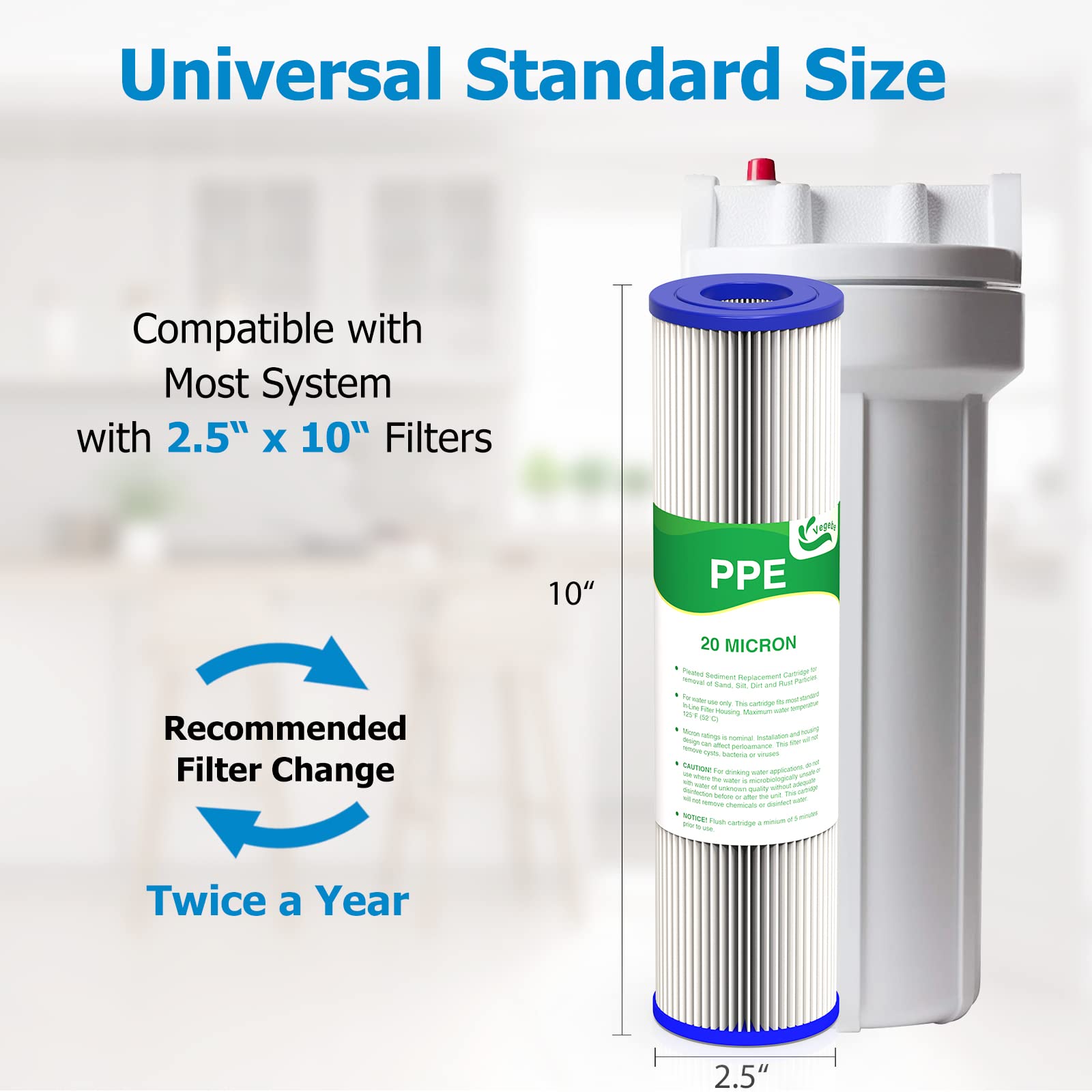 VEGEBE 20 Micron Water Filter 10" x 2.5", 10-inch Whole House Sediment Pre-Filters for Well & Tap water, Replacement Cartridge for FXWPC, EQ-PFC35, ECP5-10, S1, 3WH-STDPL-F02, SPC-25-1005, 6-Pack