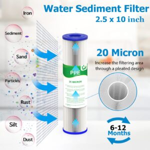 VEGEBE 20 Micron Water Filter 10" x 2.5", 10-inch Whole House Sediment Pre-Filters for Well & Tap water, Replacement Cartridge for FXWPC, EQ-PFC35, ECP5-10, S1, 3WH-STDPL-F02, SPC-25-1005, 6-Pack