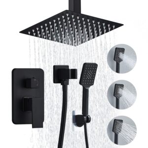 rtobweye 8 inch shower faucet set high pressure rainfall shower system ceiling mount square rain shower head with handheld spray combo ceiling luxury rainfall shower fixtures matte black (3-setting)