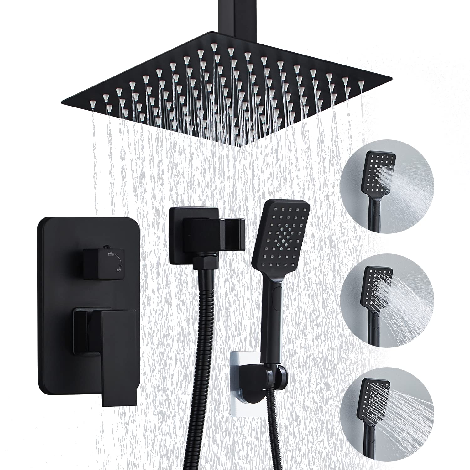 RTOBWEYE 8 Inch Shower Faucet Set High Pressure Rainfall Shower System Ceiling Mount Square Rain Shower Head with Handheld Spray Combo Ceiling Luxury Rainfall Shower Fixtures Matte Black (3-Setting)