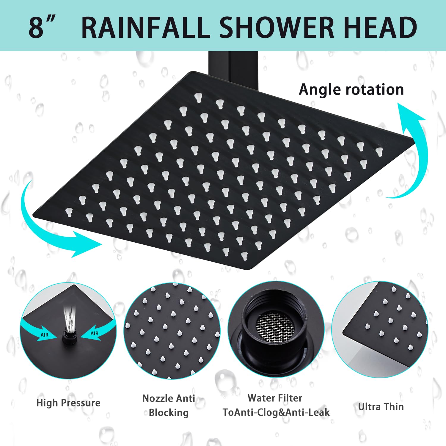 RTOBWEYE 8 Inch Shower Faucet Set High Pressure Rainfall Shower System Ceiling Mount Square Rain Shower Head with Handheld Spray Combo Ceiling Luxury Rainfall Shower Fixtures Matte Black (3-Setting)