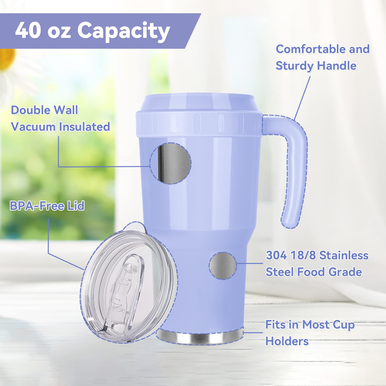 Rietore 40 oz Tumbler with Handle and Straw, Stainless Steel Tumblers Insulated Tumblers with Lids Double Wall Vacuum Coffee Travel Mug, Sweat Proof, Leak Proof, Glacier Blue