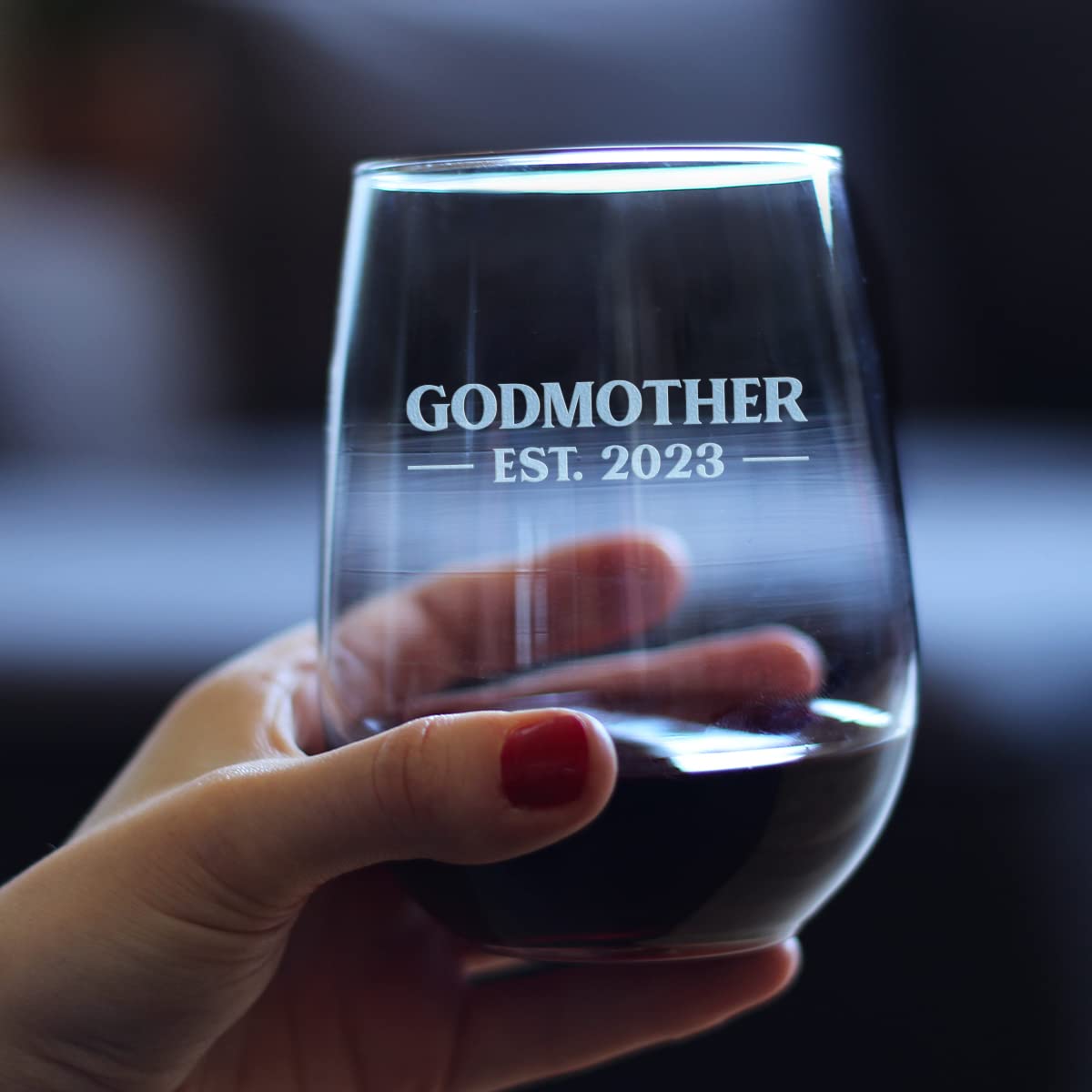 Godmother Est 2023 - New Godmother Stemless Wine Glass Proposal Gift for First Time Godparents - Bold 17 Oz Large Glasses