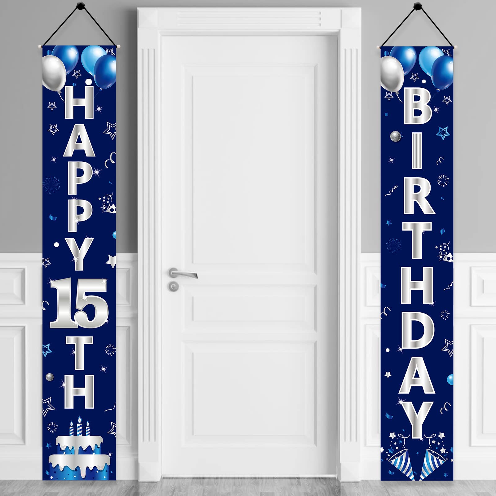 Turypaty Blue Silver 15th Birthday Door Banner Decorations, Happy 15 Birthday Party Porch Sign Supplies for Boys, Sweet 15 Year Old Birthday Party Supplies