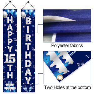 Turypaty Blue Silver 15th Birthday Door Banner Decorations, Happy 15 Birthday Party Porch Sign Supplies for Boys, Sweet 15 Year Old Birthday Party Supplies