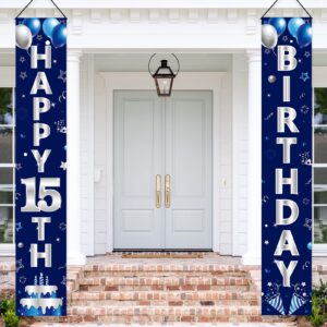 Turypaty Blue Silver 15th Birthday Door Banner Decorations, Happy 15 Birthday Party Porch Sign Supplies for Boys, Sweet 15 Year Old Birthday Party Supplies