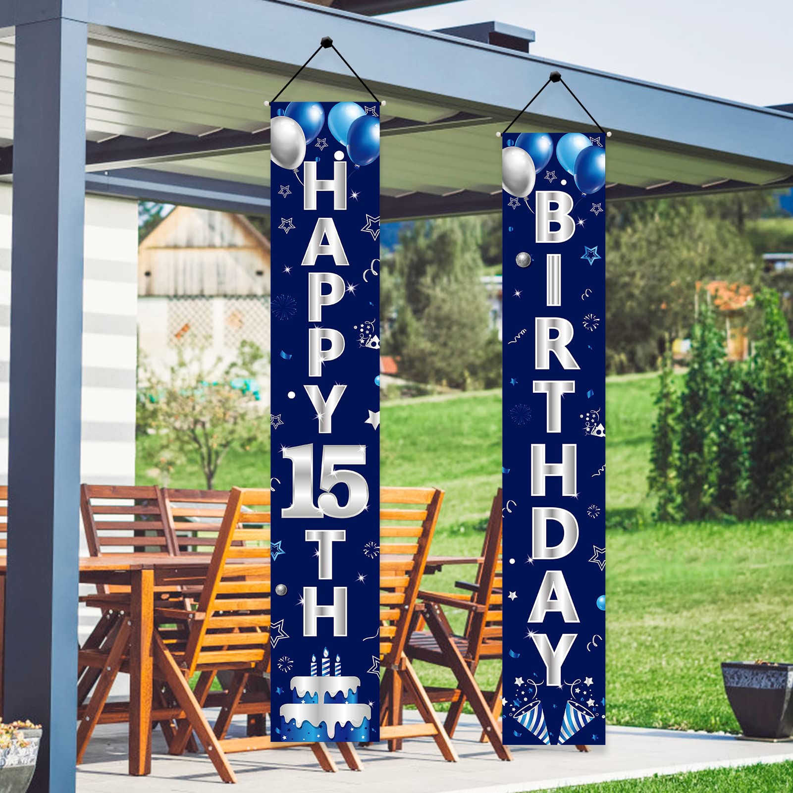 Turypaty Blue Silver 15th Birthday Door Banner Decorations, Happy 15 Birthday Party Porch Sign Supplies for Boys, Sweet 15 Year Old Birthday Party Supplies