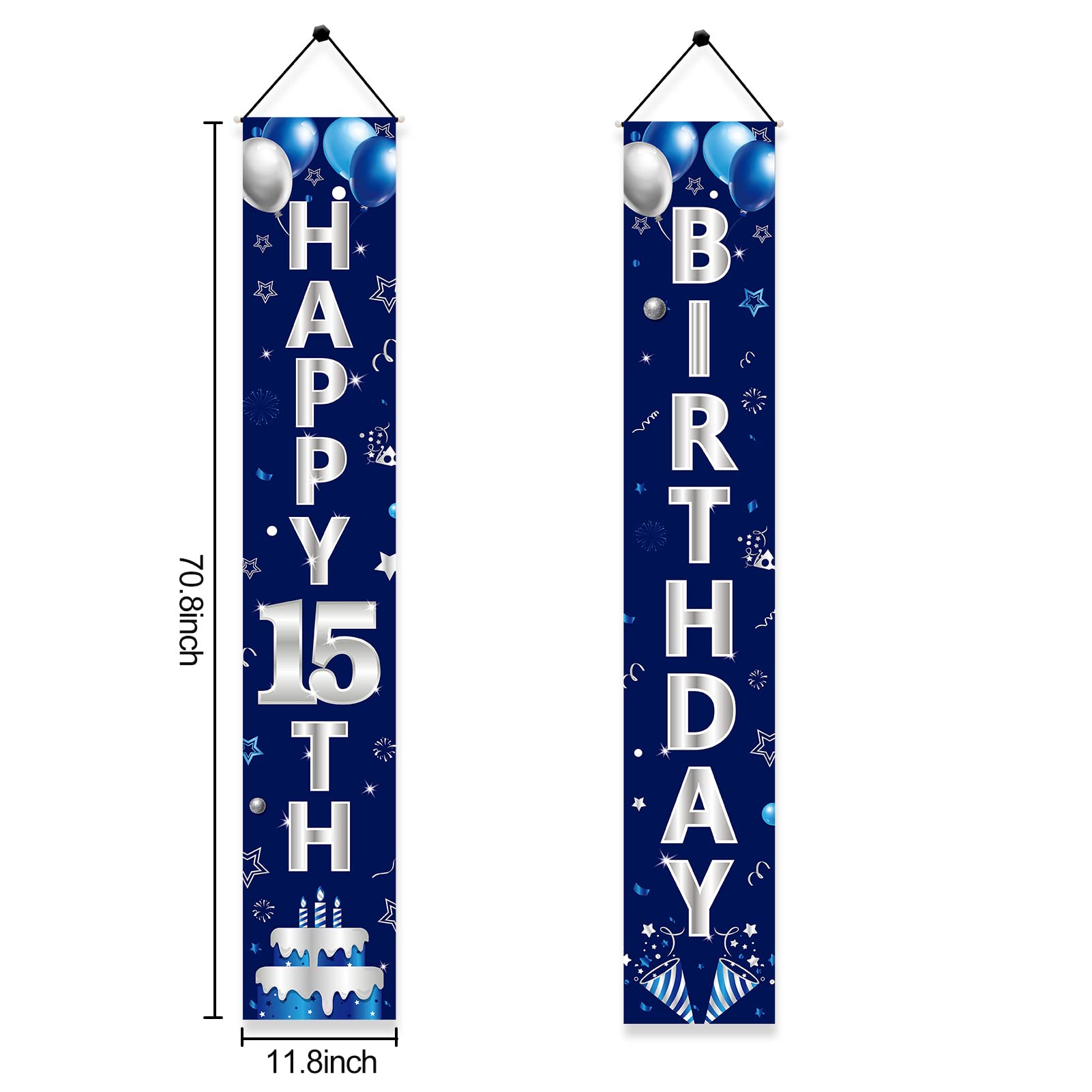 Turypaty Blue Silver 15th Birthday Door Banner Decorations, Happy 15 Birthday Party Porch Sign Supplies for Boys, Sweet 15 Year Old Birthday Party Supplies