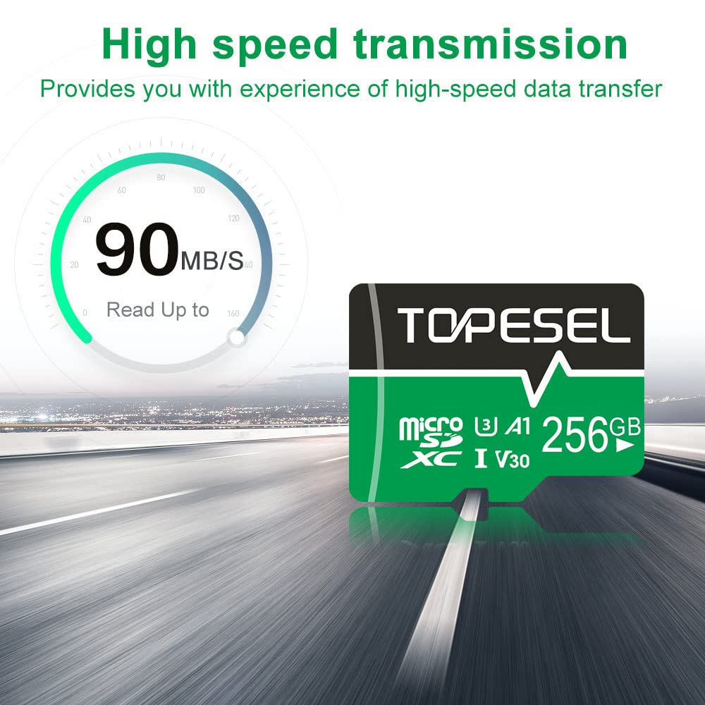 TOPESEL 256GB Micro SD Card Memory Cards A1 V30 U3 Class 10 Speed up to 90m/s Micro SDXC UHS-I TF Cards for Camera/Drone/Dash Cam (1 Pack U3 256GB)