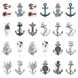 sanerlian anchor ship temporary tattoo sticker waterproof vintage adult men women hand arm shoulders body art 10.5x6cm set of 24 (sf188)