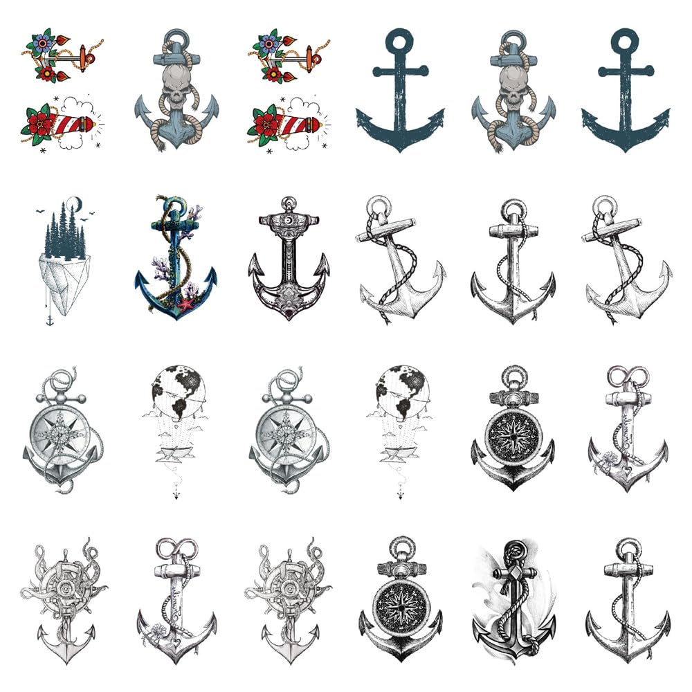 SanerLian Anchor Ship Temporary Tattoo Sticker Waterproof Vintage Adult Men Women Hand Arm Shoulders Body Art 10.5X6cm Set of 24 (SF188)