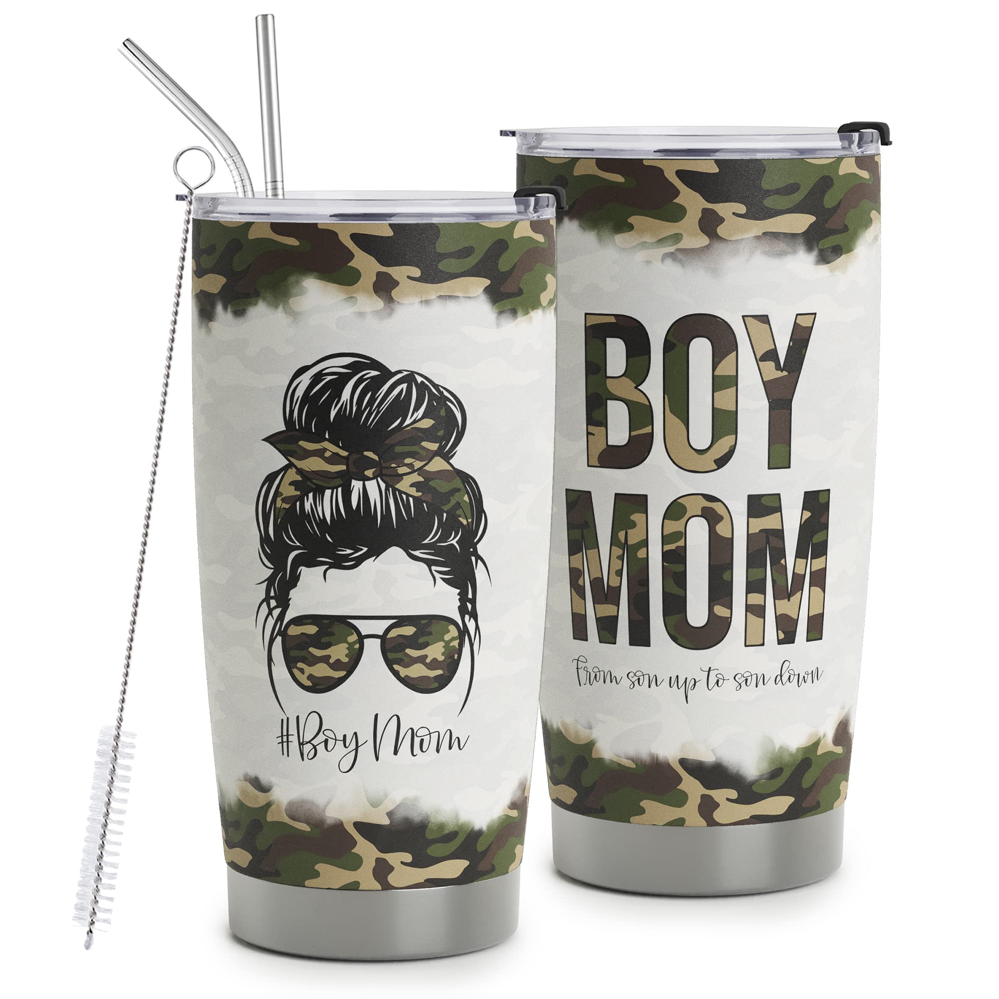 HOMISBES Boy Mom Tumbler - Mom of Boys Vacuum Insulated Stainless Steel Travel Mug with Straw for Mom Birthday Mothers Day from son - Camo Mom Cups 20oz