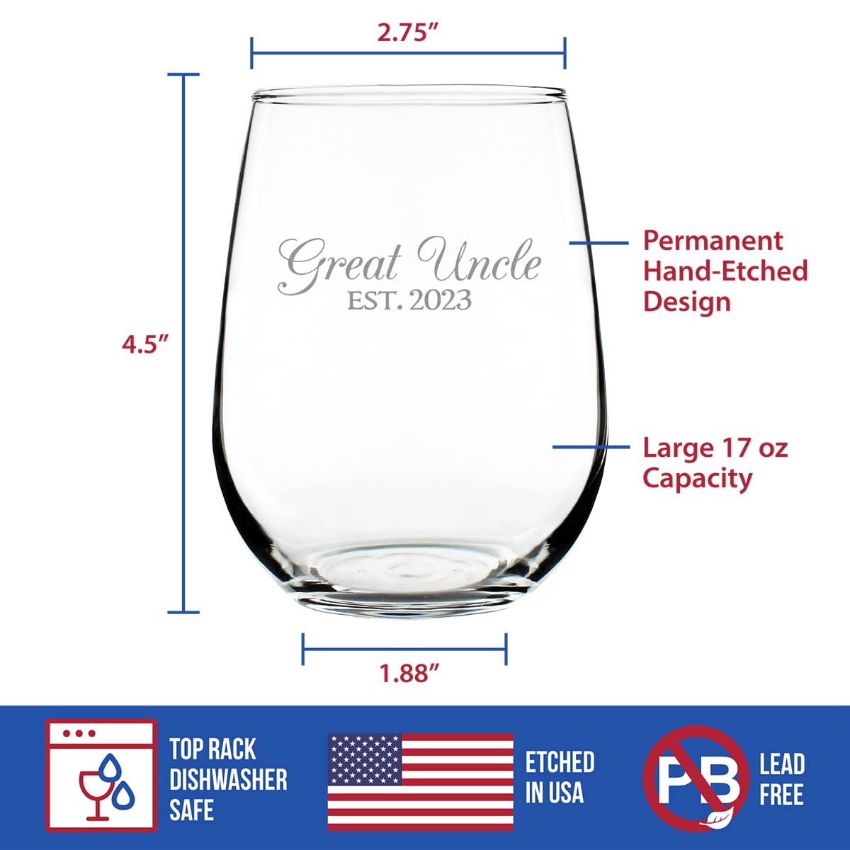 Great Uncle Est 2023 - Stemless Wine Glass Gift for First Time Great Uncles - Decorative 17 Oz Large Glasses