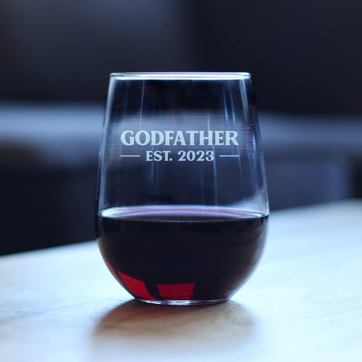 Godfather Est 2023 - New Godfather Stemless Wine Glass Proposal Gift for First Time Godparents - Bold 17 Oz Large Glasses