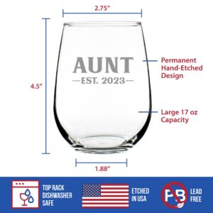 Aunt Est 2023 - New Aunties Stemless Wine Glass Gift for First Time Aunts - Bold 17 Oz Large Glasses