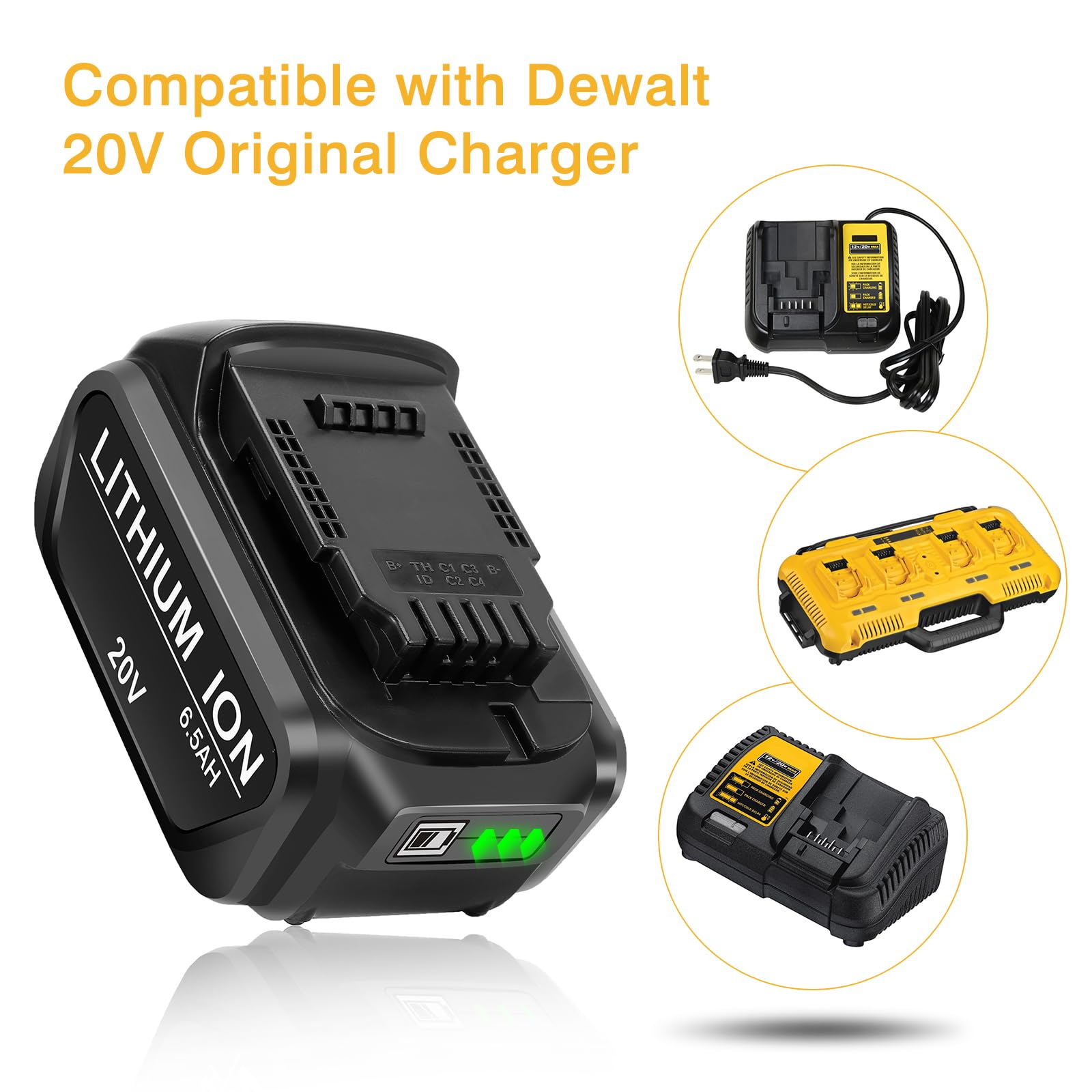 Lipop 2-Pack 6.5Ah Replacement for Dewalt 20v Battery Compatible with 20v Dewalt Batteries DCB205 DCB206 DCB200 DCB204 DCB180 Cordless Power Tools