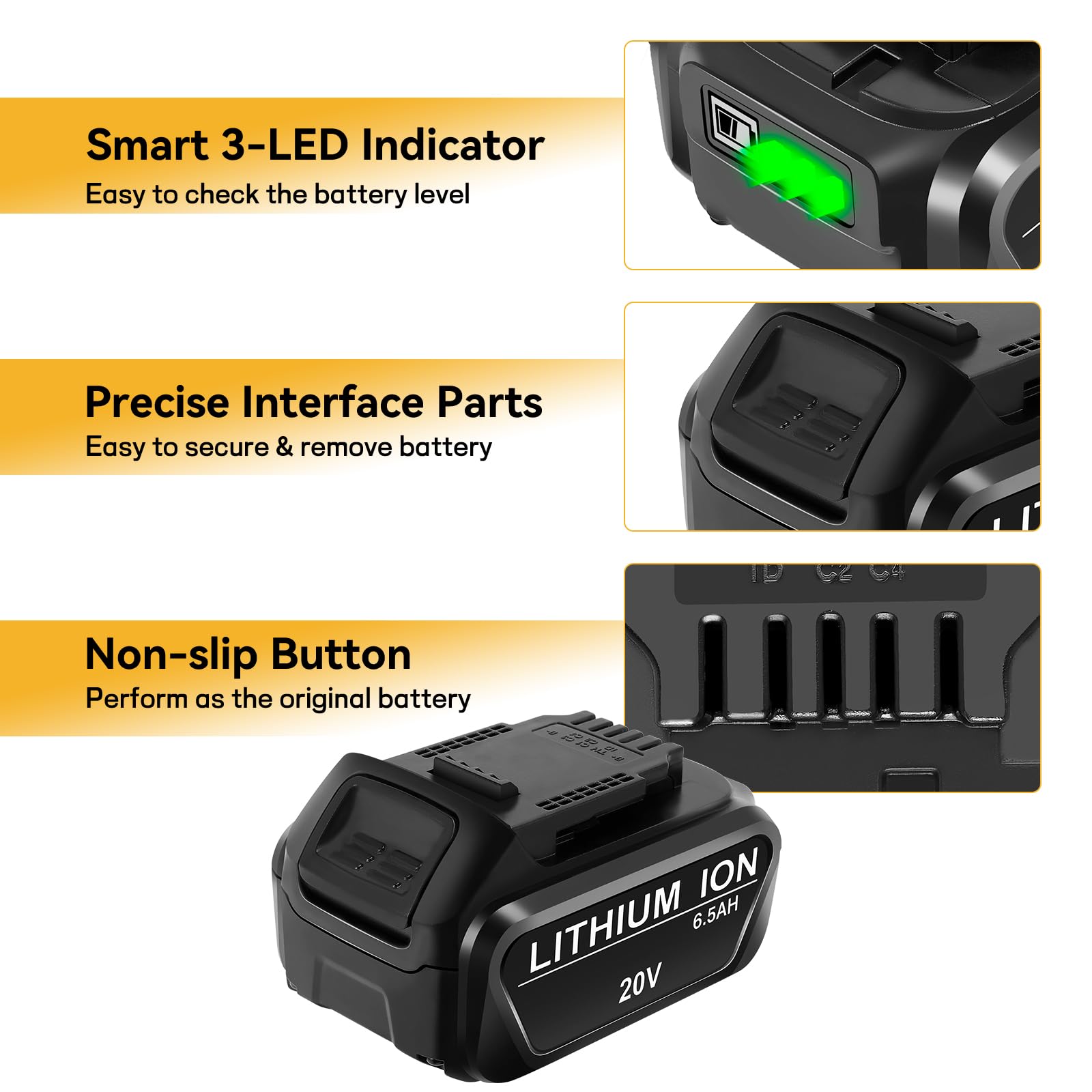 Lipop 2-Pack 6.5Ah Replacement for Dewalt 20v Battery Compatible with 20v Dewalt Batteries DCB205 DCB206 DCB200 DCB204 DCB180 Cordless Power Tools