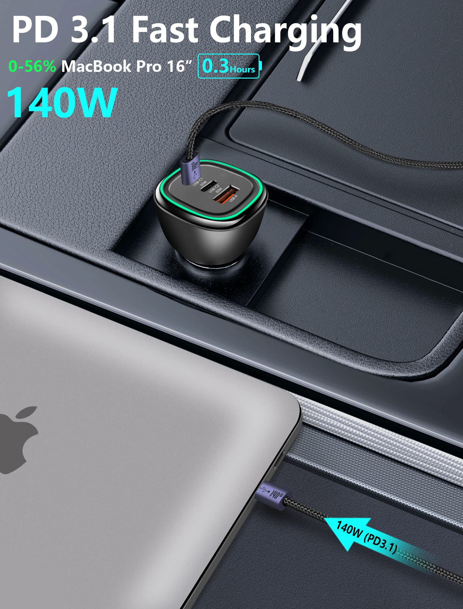 165W USB C Car Charger Adapter,GOUNULI Super Type C Car Charger Fast Charging PD3.1 140W PD3.0 100W Car Phone Charger Fast Charge for iPhone15 Pro Samsung S22 S21 iPad MacBook pro Laptop Steam Deck